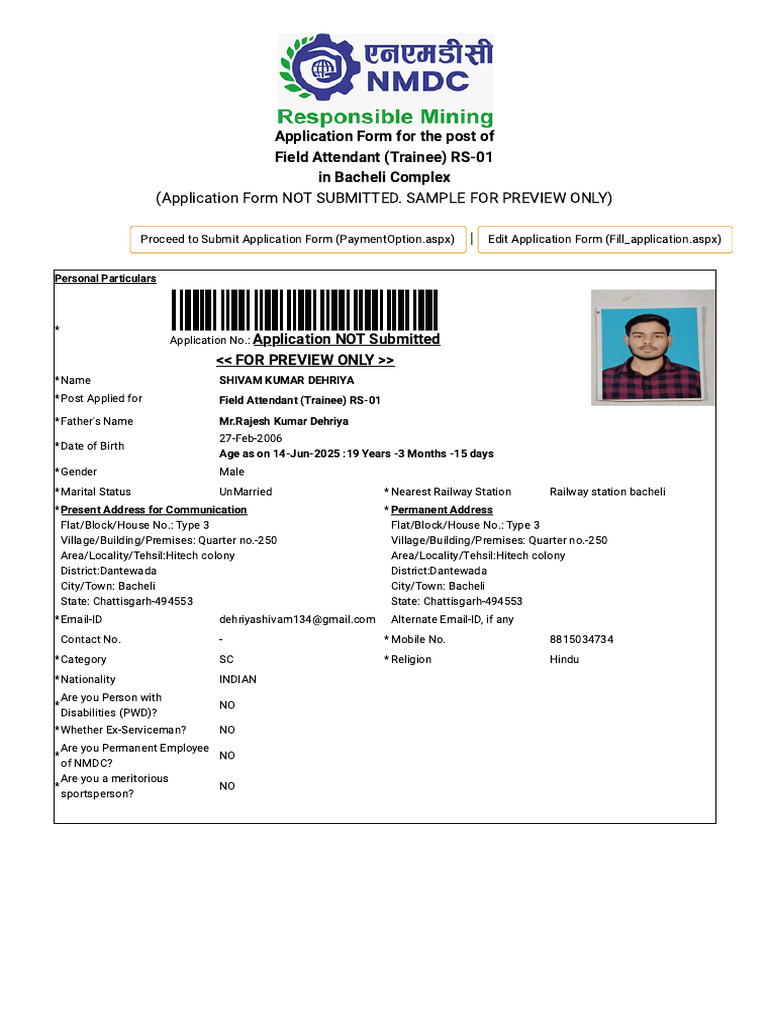NMDC Field Attendant Trainee Application Form | PDF