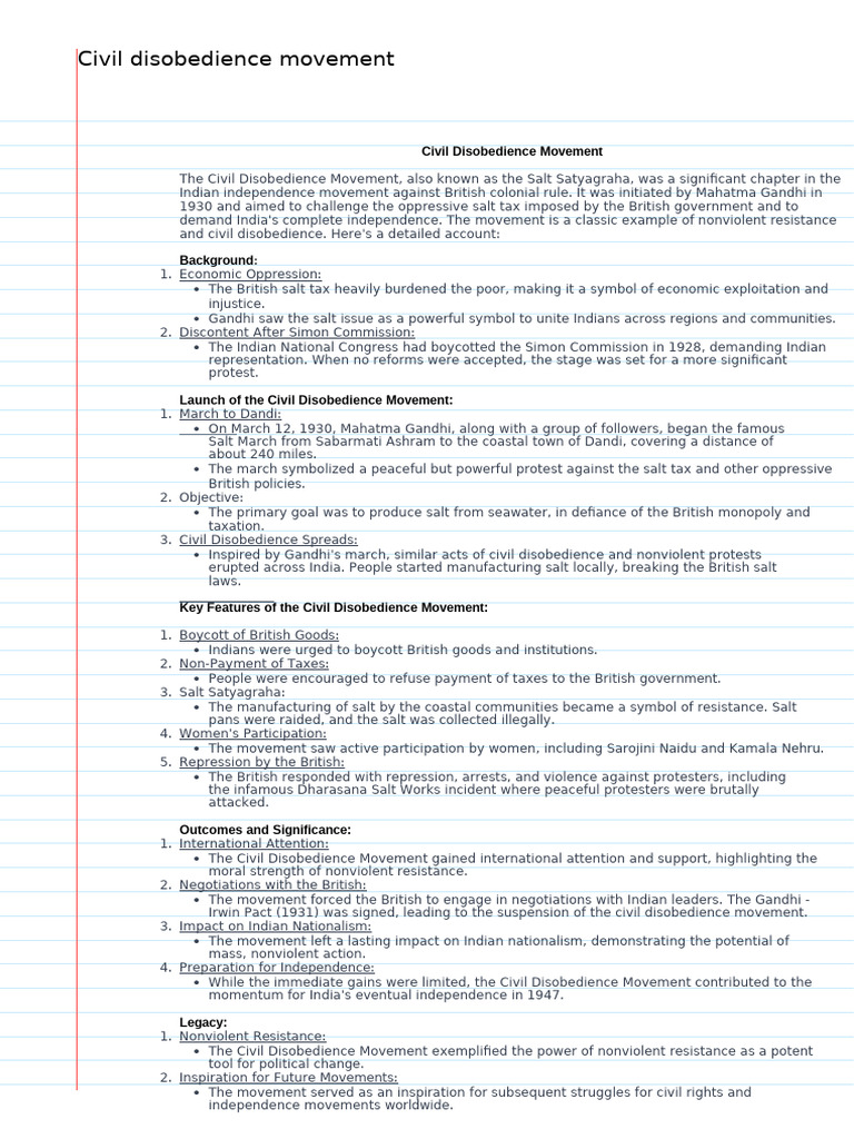 Civil Disobedience Movement | PDF | Mahatma Gandhi | Civil Disobedience