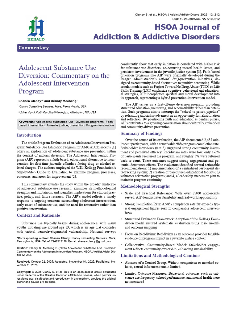 Adolescent Substance Use Diversion Commentary On The Adolescent ...