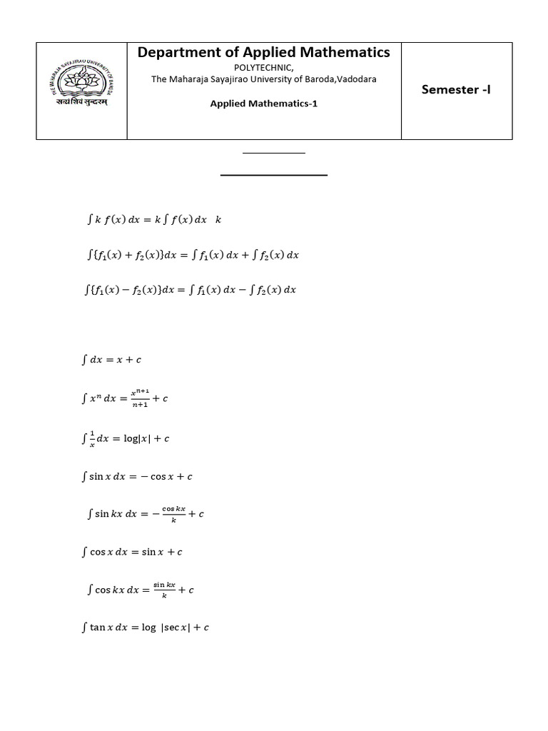 Integration Standard Formulas | PDF | Mathematics