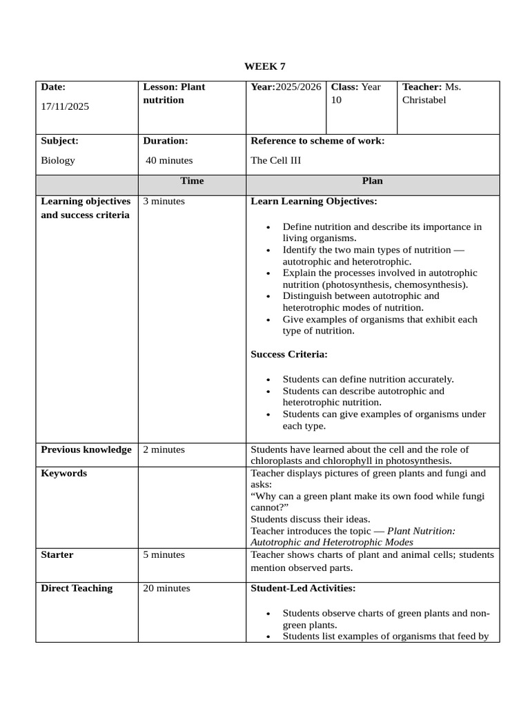 Lesson Plan Biology Week 7 | PDF | Nutrition | Diet & Nutrition