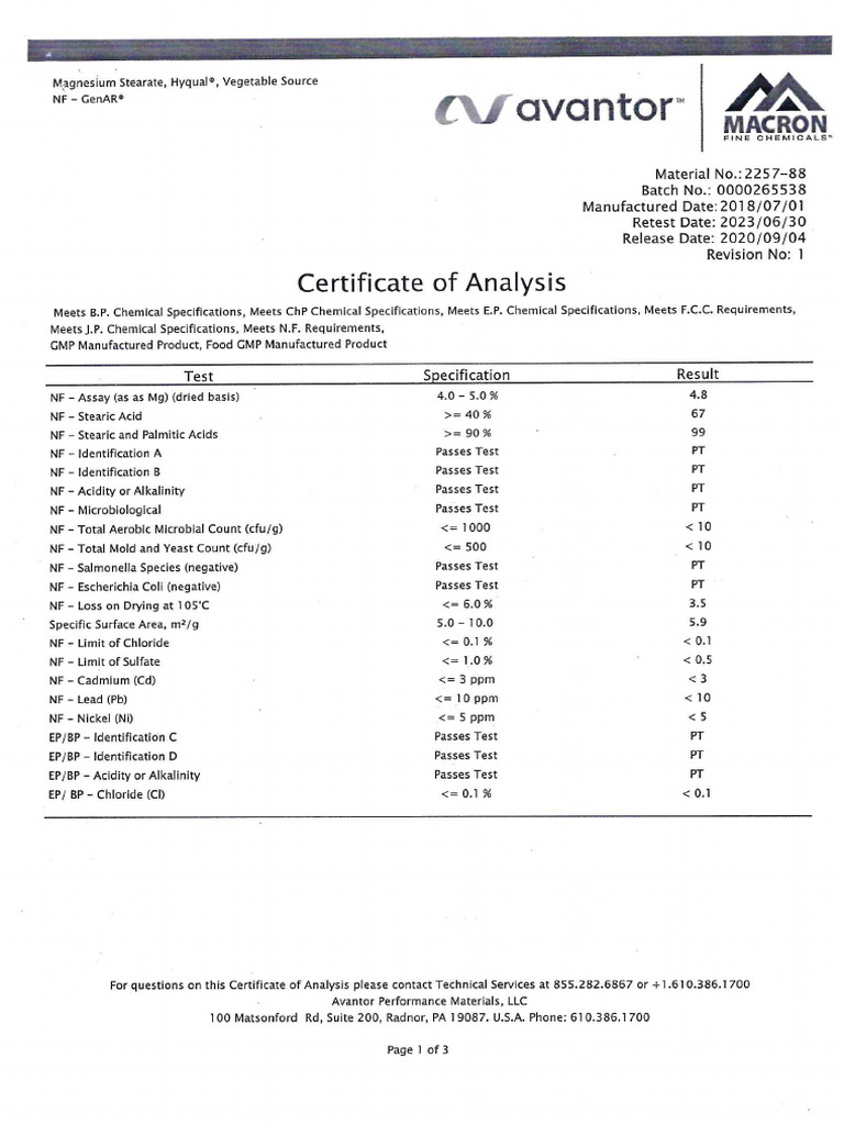 FR243 Magnesium Stearate (Vegetable Source) Bno 0000265538 | PDF