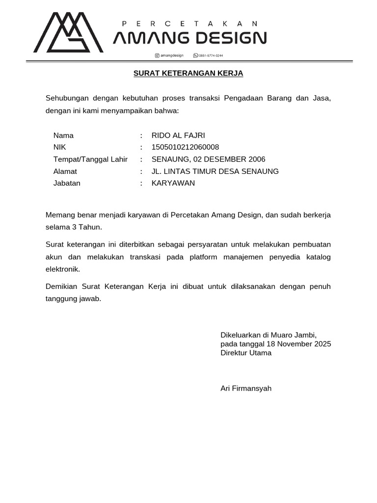 Surat Keterangan Kerja Karyawan Amang Design | PDF