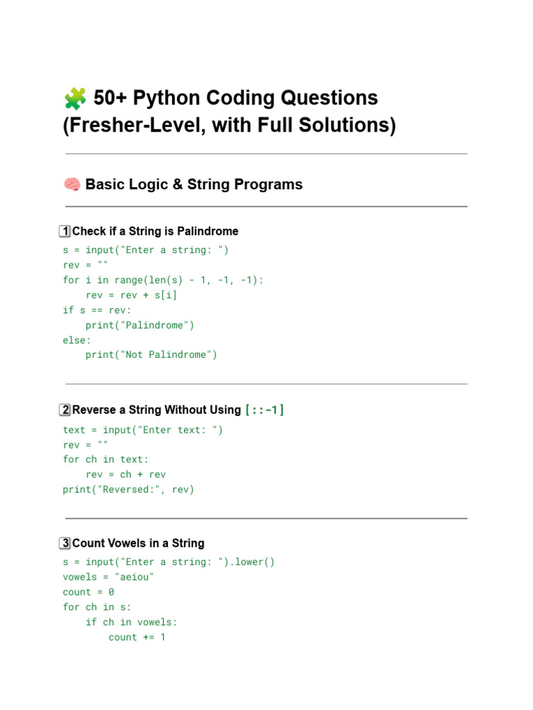 ? 50+ Python Coding Questions (Fresher-Level, With Full Solutions) | PDF | String (Computer ...