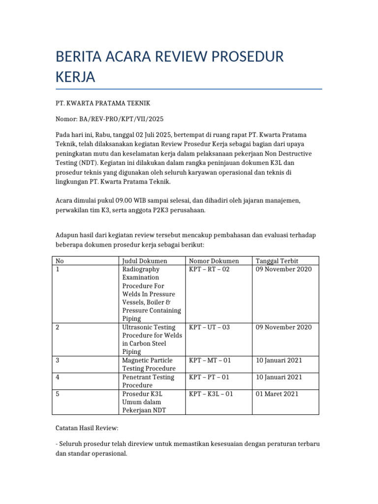 Review Prosedur Kerja NDT KPT 2025 | PDF