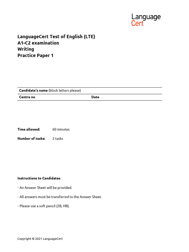 LanguageCert LTE A1-C2 Writing Practice | PDF