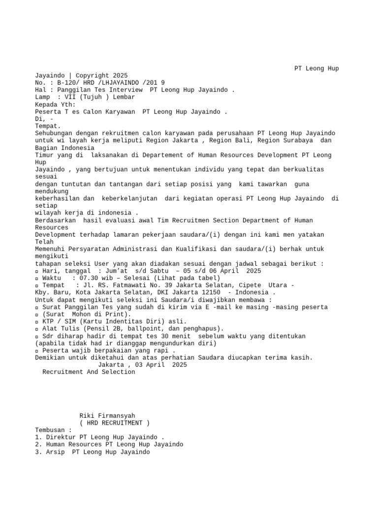 Panggilan Tes Interview PT Leong Hup | PDF