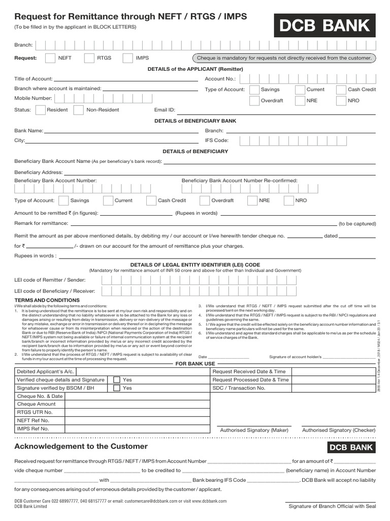 Neft Rtgs Imps Form English | PDF | Financial Services | Banking