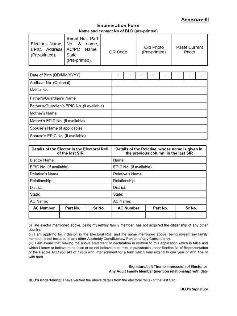 Enumeration Form_SIR_English | PDF | Birth Certificate | Identity Document