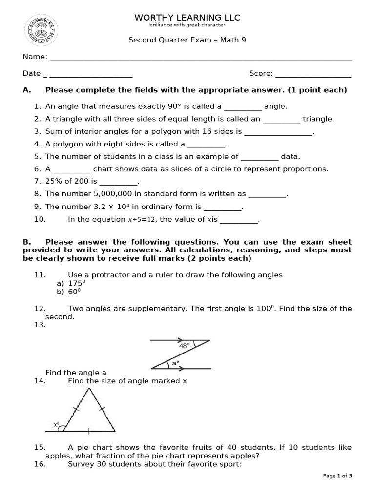 Math 9 Second Quarter Exam Worksheet | PDF | Angle | Pie Chart