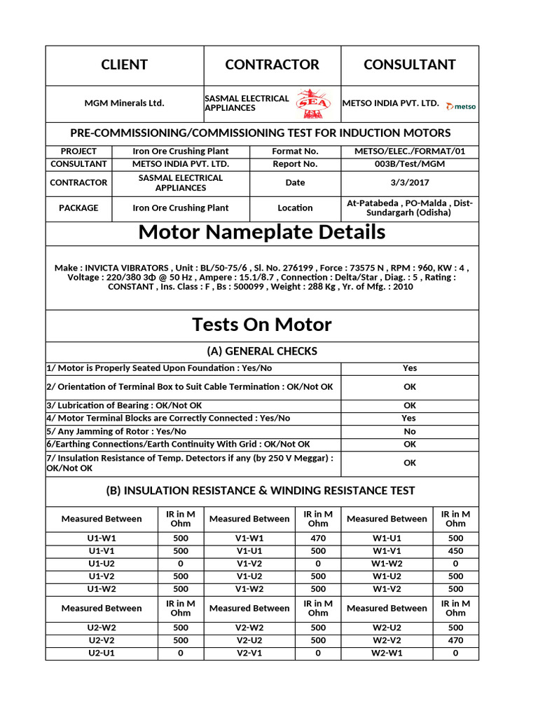 Induction Motor Commissioning Report | PDF | Electricity | Power (Physics)