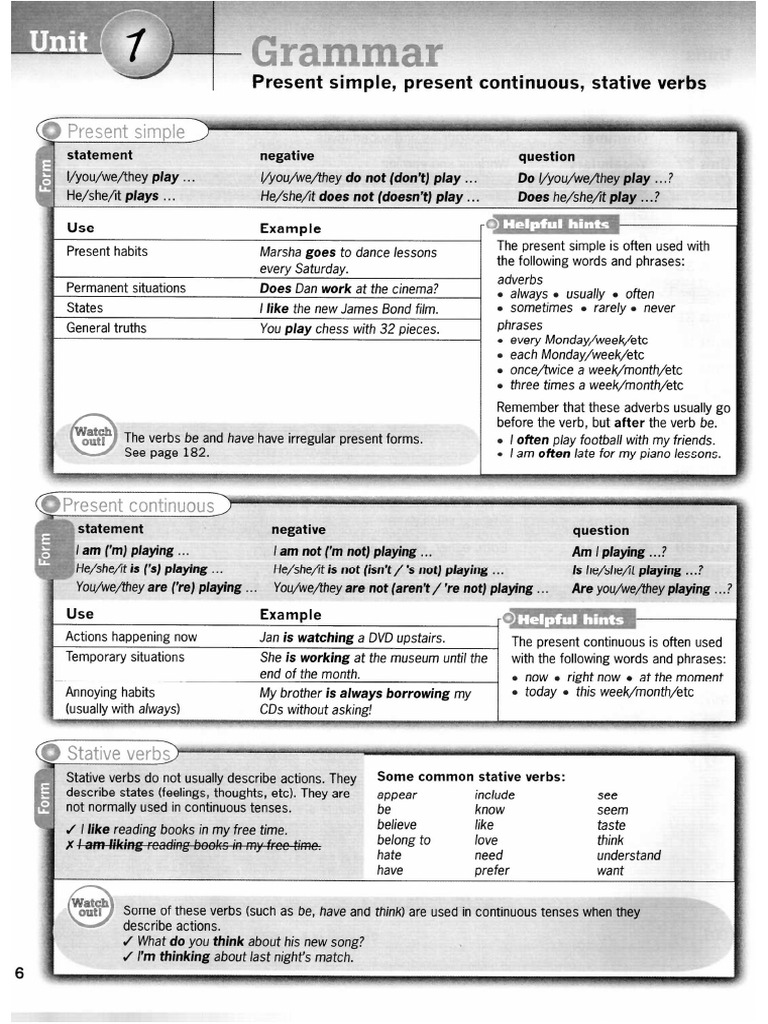 Present Simple, Present Continuous and Stative Verbs (Destination B1) | PDF