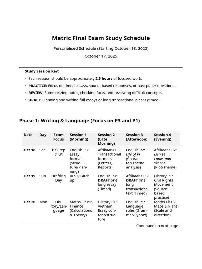 Matric Final Exam Study Schedule | PDF