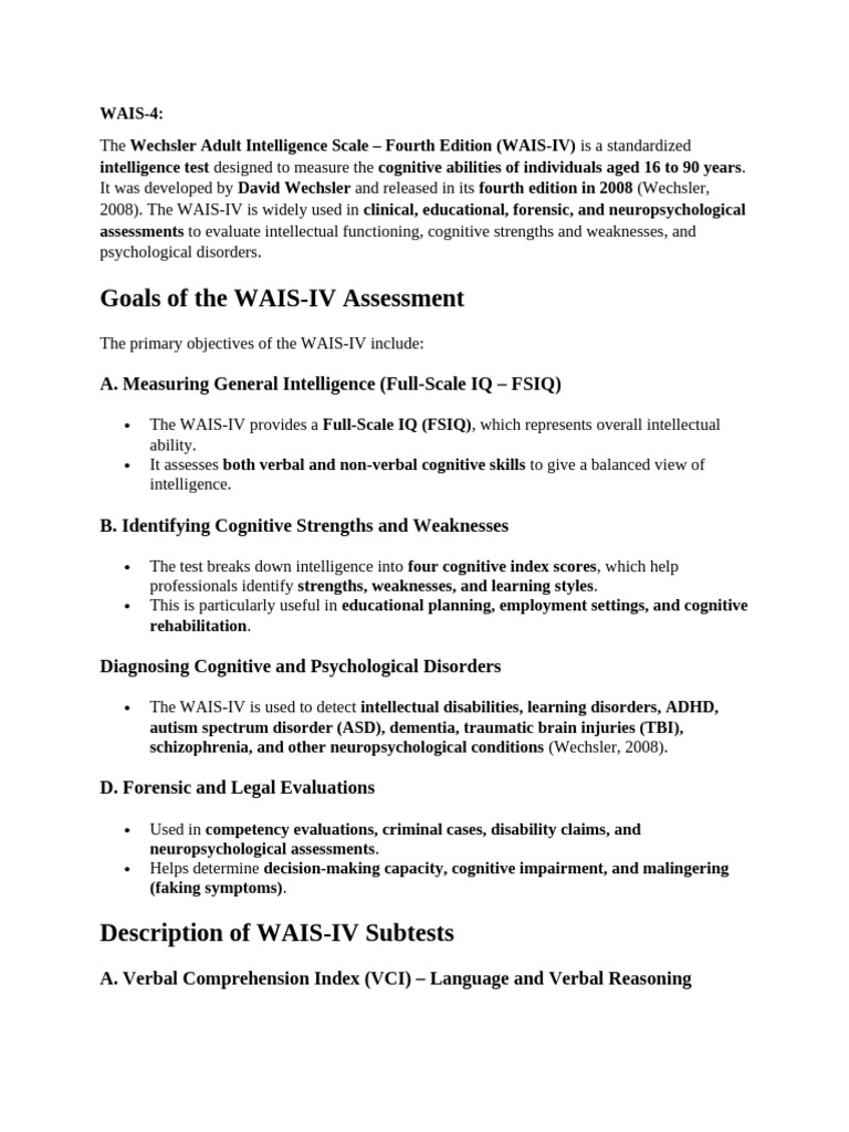 WAIS-IV: Comprehensive IQ Assessment Guide | PDF | Wechsler Adult ...