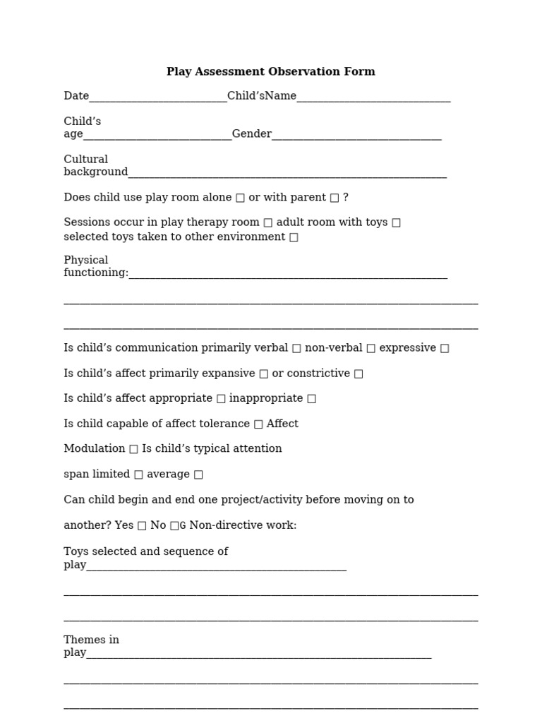 Play Assessment Observation Form | PDF | Play Therapy | Psychological ...