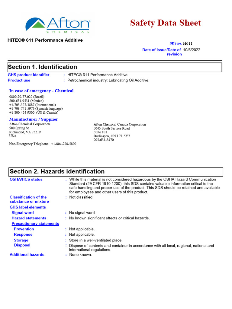 HiTEC® 611 Performance Additive SDS | PDF | Toxicity | Occupational ...