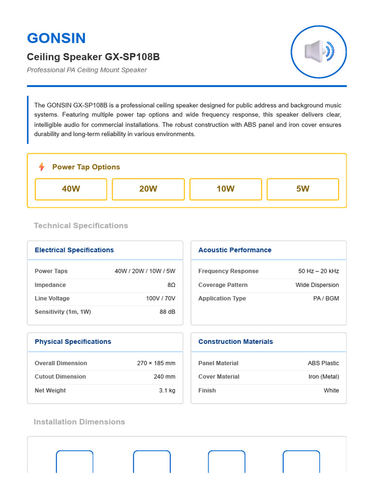 GONSIN Ceiling Speaker GX-SP108B Datasheet | PDF | Loudspeaker | Sound ...