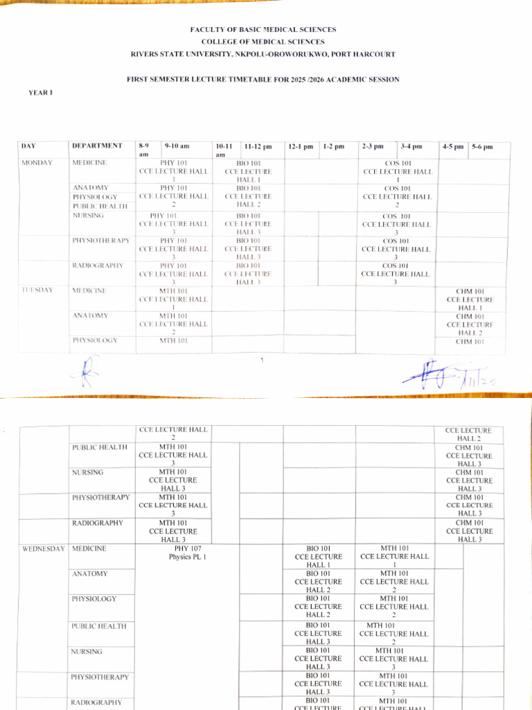 Fbms 2025-2026 First Semester Lecture Timetable | PDF | Health Sciences ...