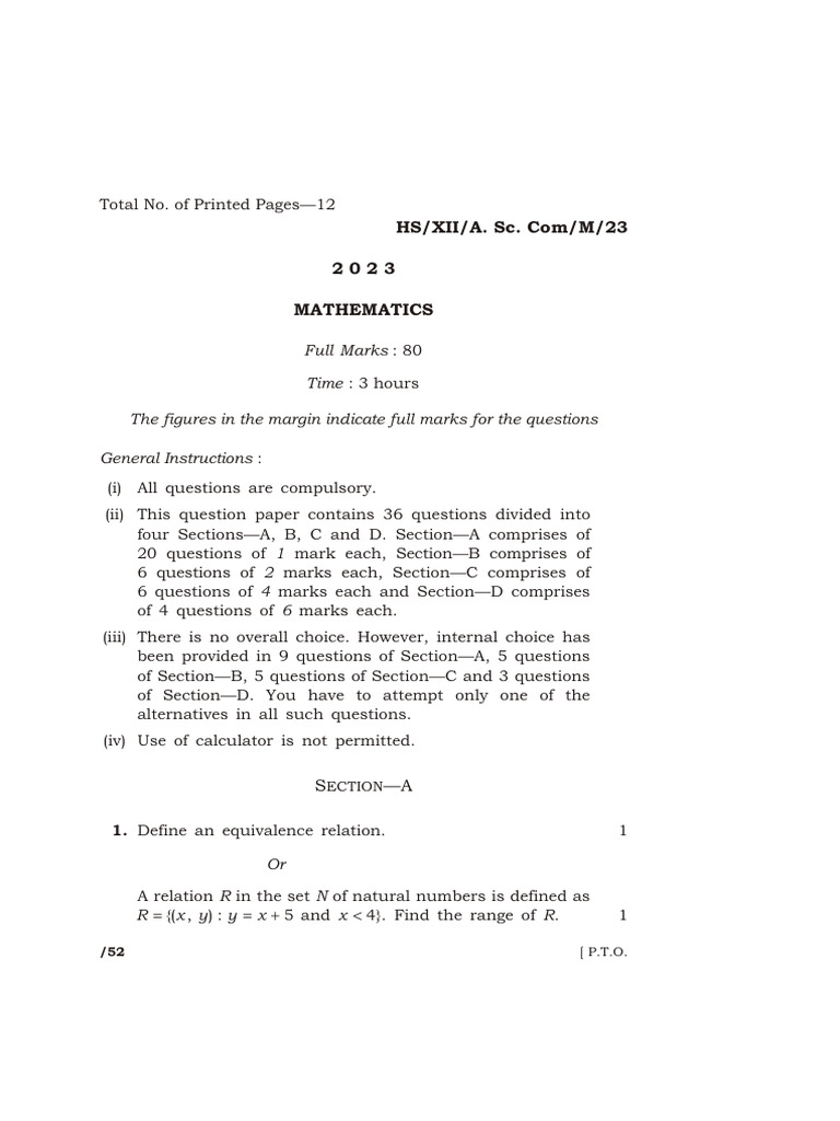 52 - Hs Xii A. Sc. Com M 23 | PDF | Mathematics