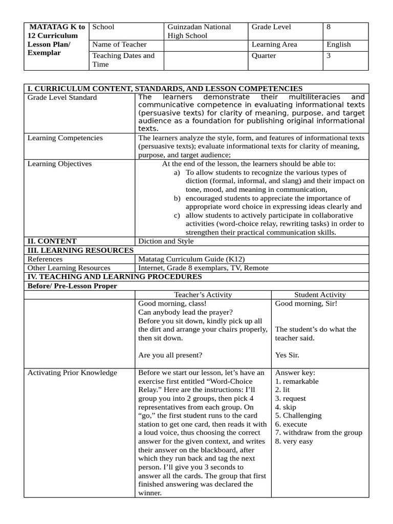 Grade 8 English Lesson Plan on Diction | PDF | Curriculum | Lesson Plan
