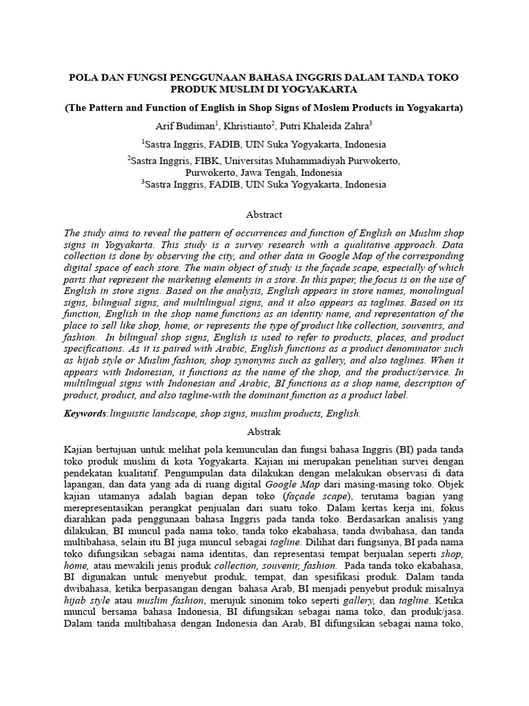 The Pattern and Function of English in Shop Signs of Moslem Products in ...