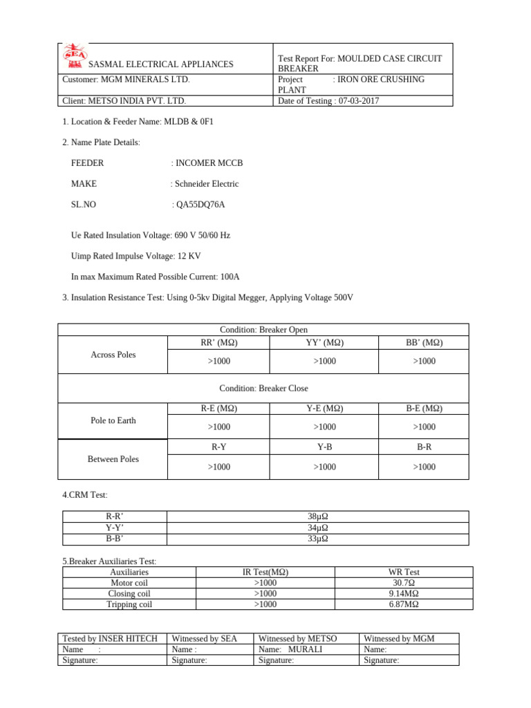 Moulded Case Circuit Breaker Test Report | PDF | Insulator (Electricity ...