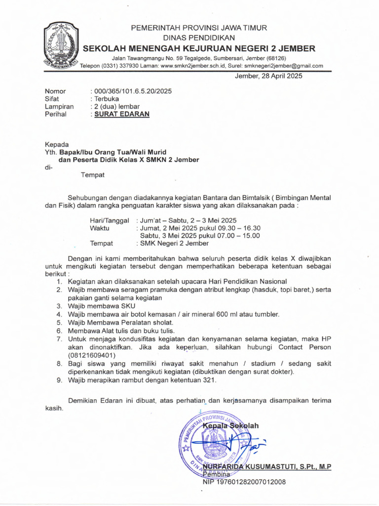Edaran Kegiatan Bantara Kelas X SMKN 2 Jember | PDF