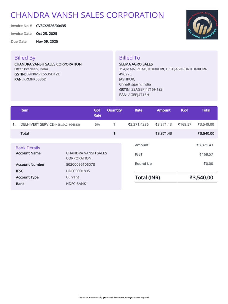 Invoice Cvsc252600435 Chandra Vansh Sales Corporation Seema Agro Sales ...
