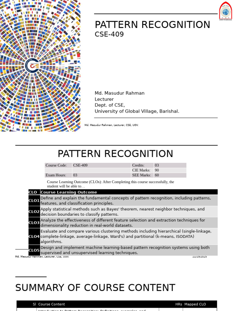 Pattern Recognition Course Overview CSE-409 | PDF | Cluster Analysis ...