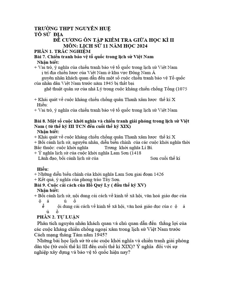 ĐỀ-CƯƠNG-ÔN-THI-GK2-LS-11-NH2425 | PDF