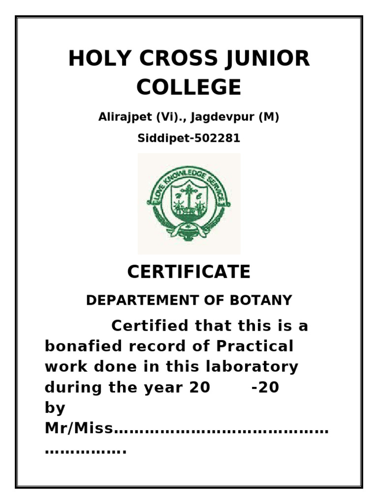 Holy Cross Junior College Botany Certificate | PDF
