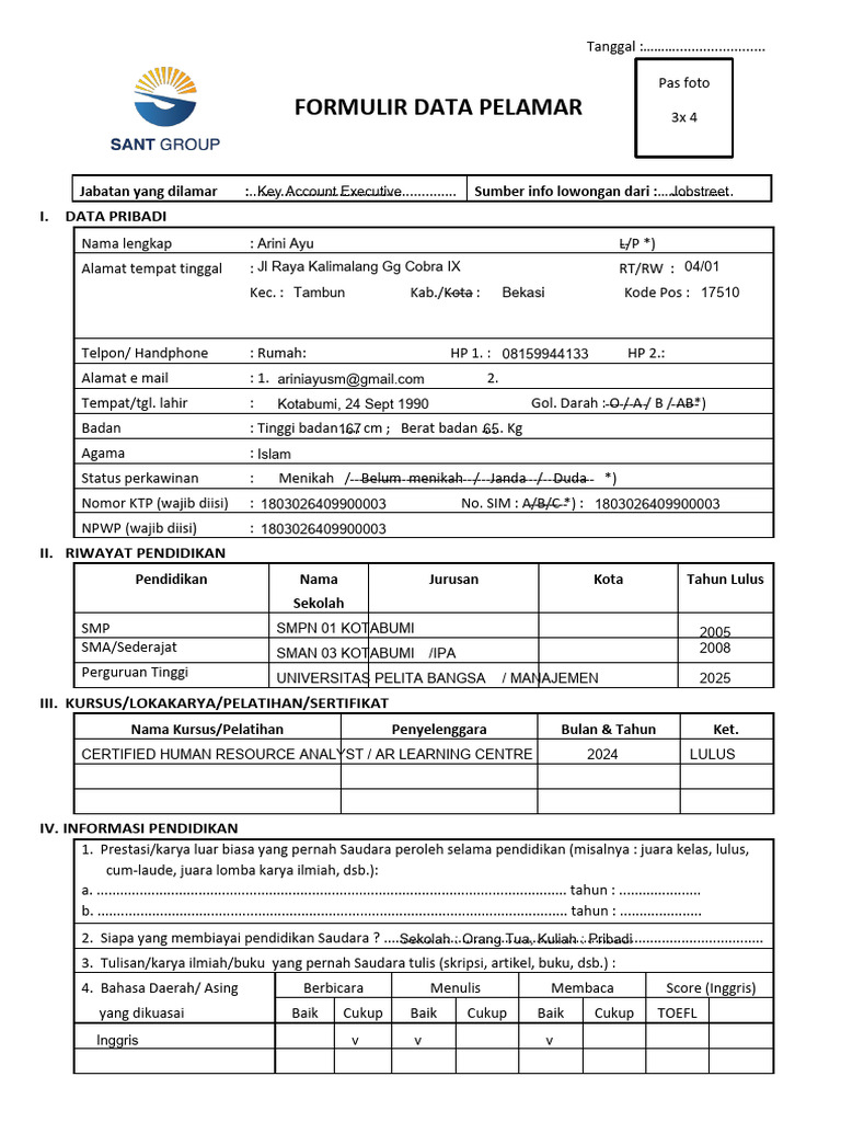 Formulir Data Pelamar Kerja Arini Ayu | PDF