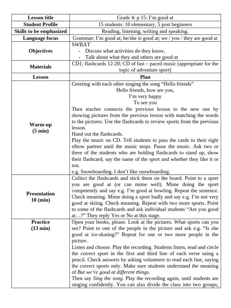 Grade 4 Lesson: "I'm Good At" Activities | PDF | Learning | Human ...
