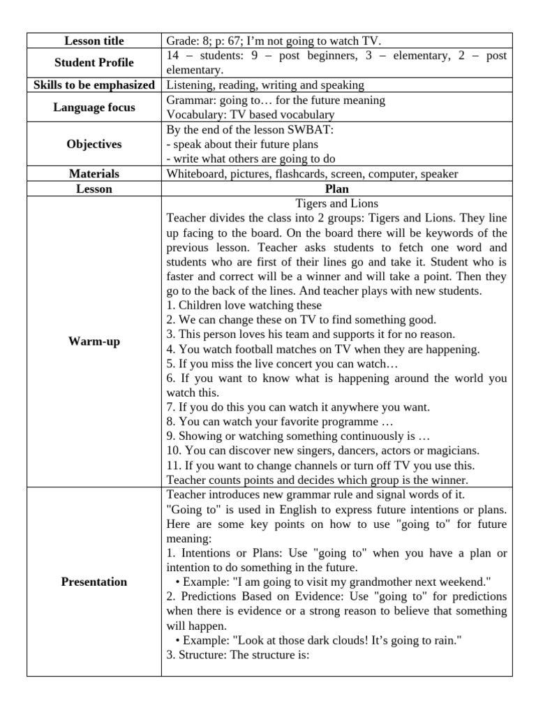 Future Plans Lesson for Grade 8 Students | PDF | Grammar | Human ...