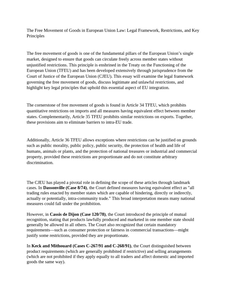 The Free Movement of Goods in European Union Law | PDF | Justice ...