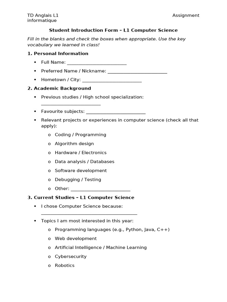 Student Introduction Form - L1 Computer Science | PDF