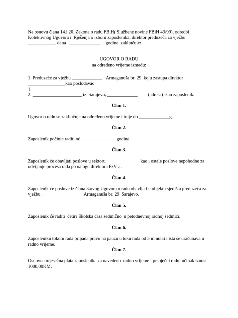 Primjer - Ugovor o Radu | PDF