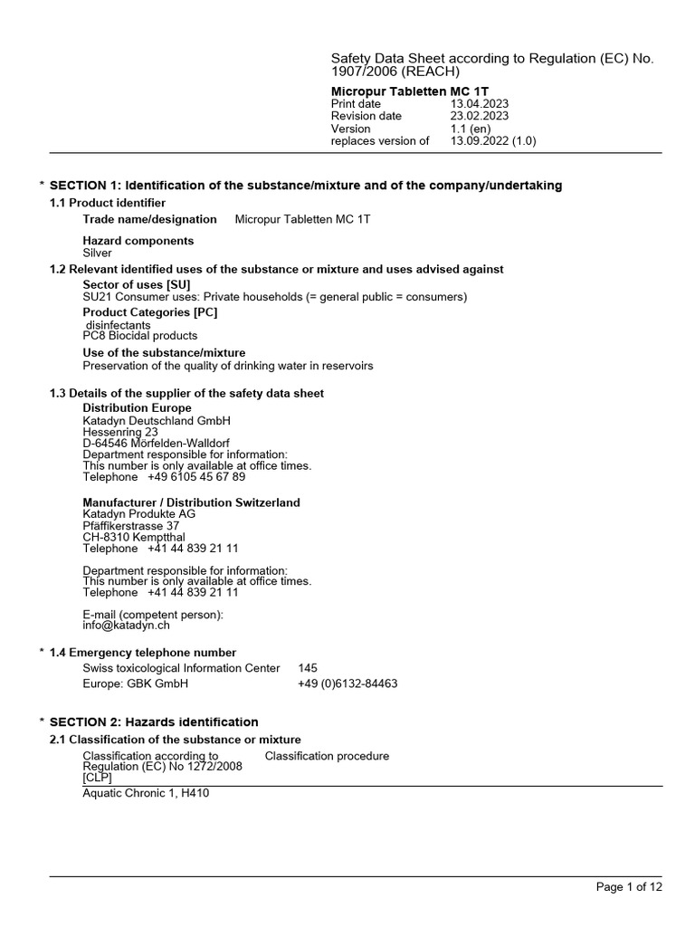 SDS Micropur Classic Tablets MC 1T - en | PDF | Toxicity | Waste