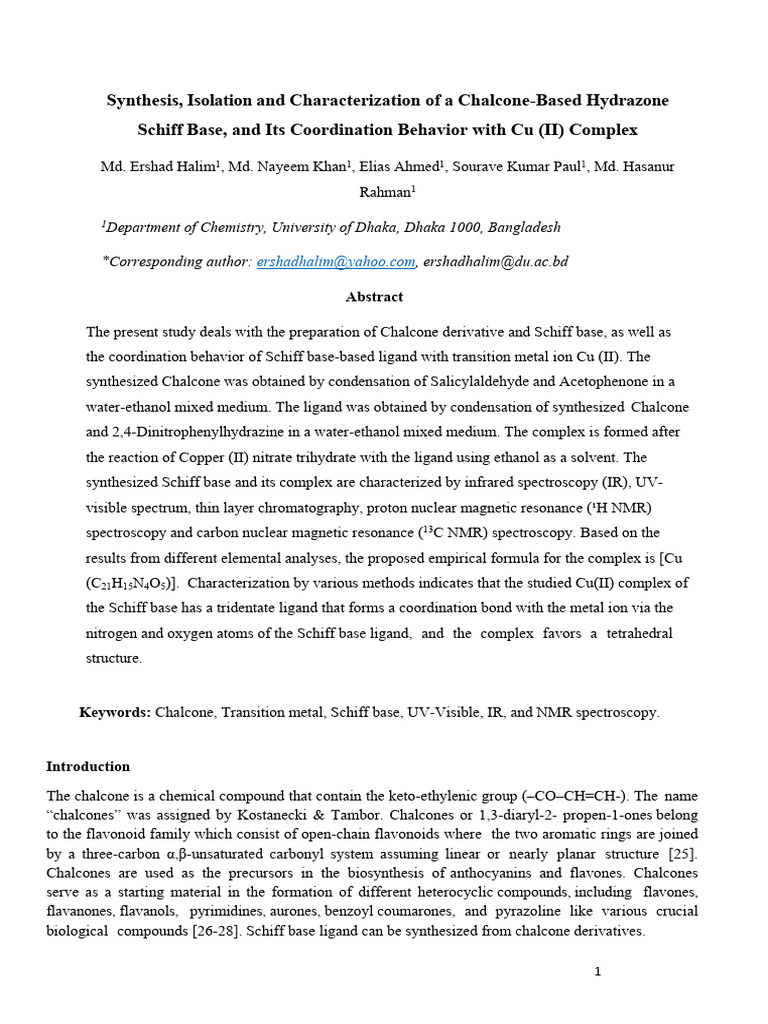 Chalcone Hydrazone Synthesis and Cu(II) Complex | PDF | Coordination ...