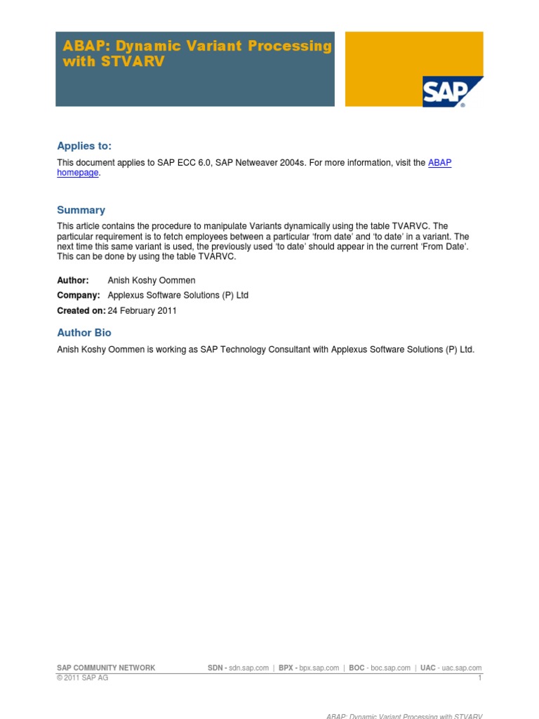 Abap Dynamic Variant Processing With Stvarv Pdf Computer