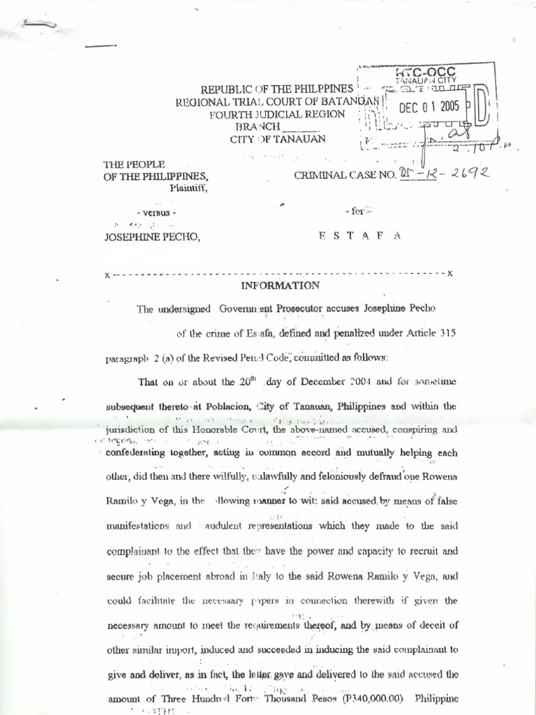JOSEPHINE ABUSTAN PECHO Case No.05-12-2692 ESTAFA | PDF | Estudios de ...