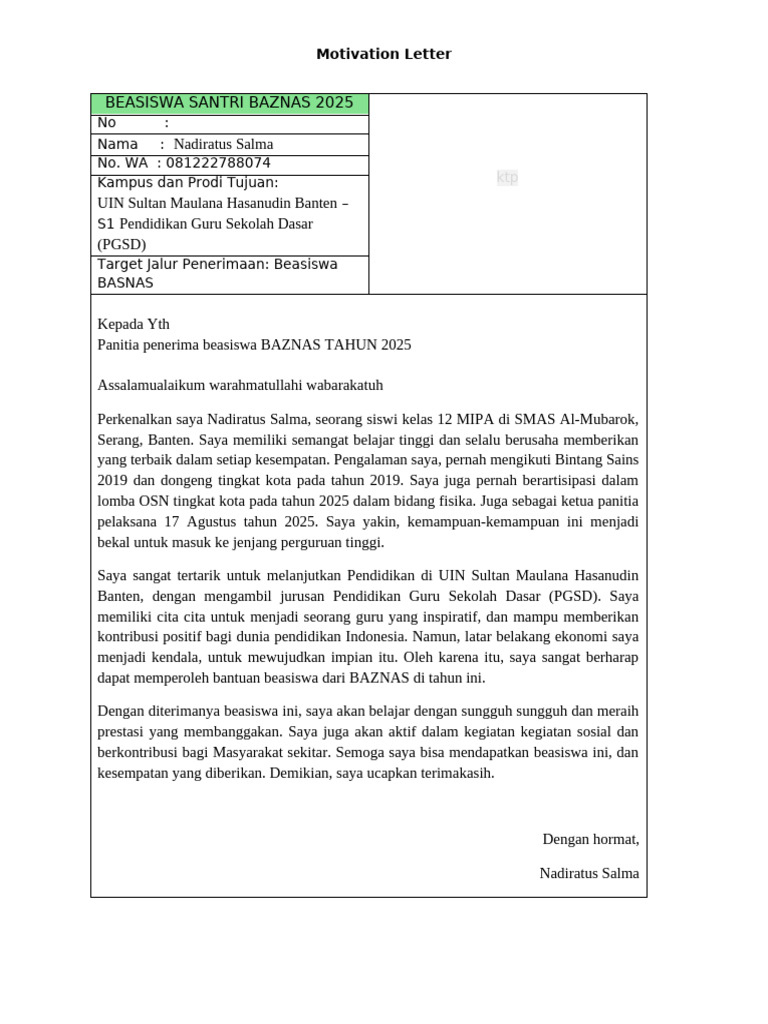 Motivation Letter - Nadiratus Salma | PDF