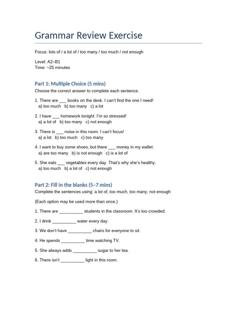 Grammar Exercise: Quantifiers Review | PDF