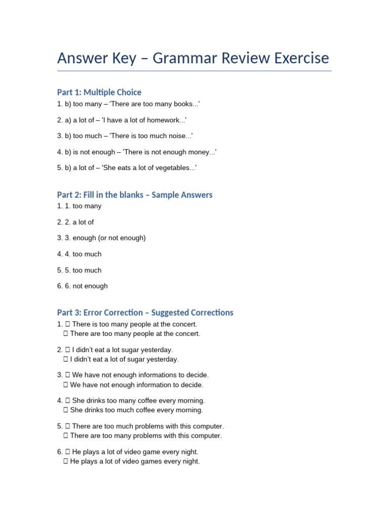 Grammar Review Answer Key | PDF