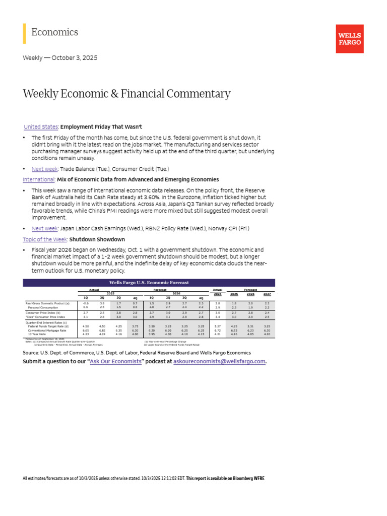 Wells Fargo Economic Report OCT 2025 | PDF | Inflation | European ...
