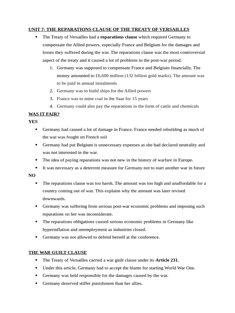 Reparations Clause in Versailles Treaty | PDF | World War I Reparations ...