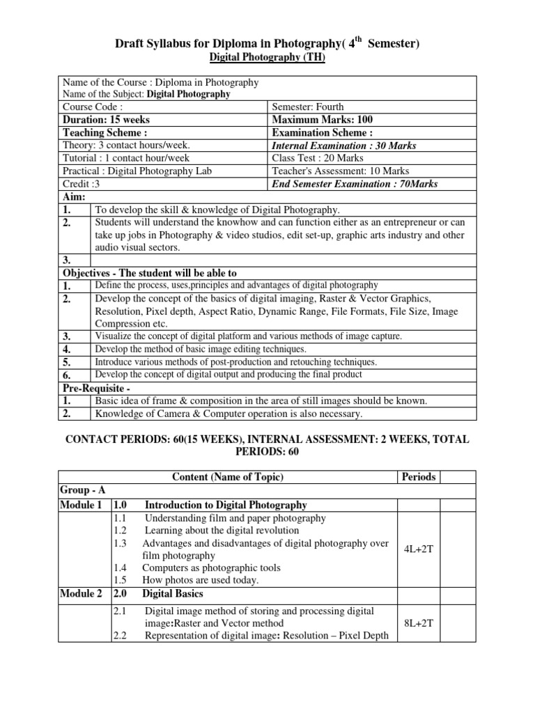 Diploma in Photography 4th Semester Syllabus | PDF | Image Editing ...
