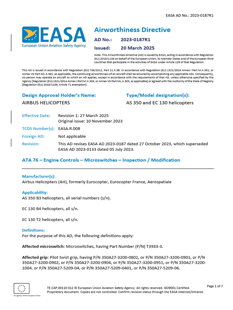 Easa Ad 2023-0187R1 1 | PDF | Aviation