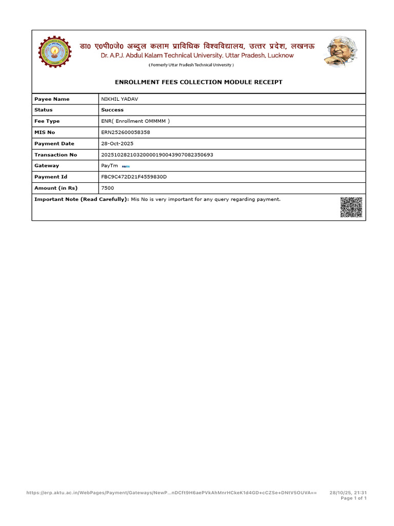 Enrollment Fee Payment Receipt | PDF