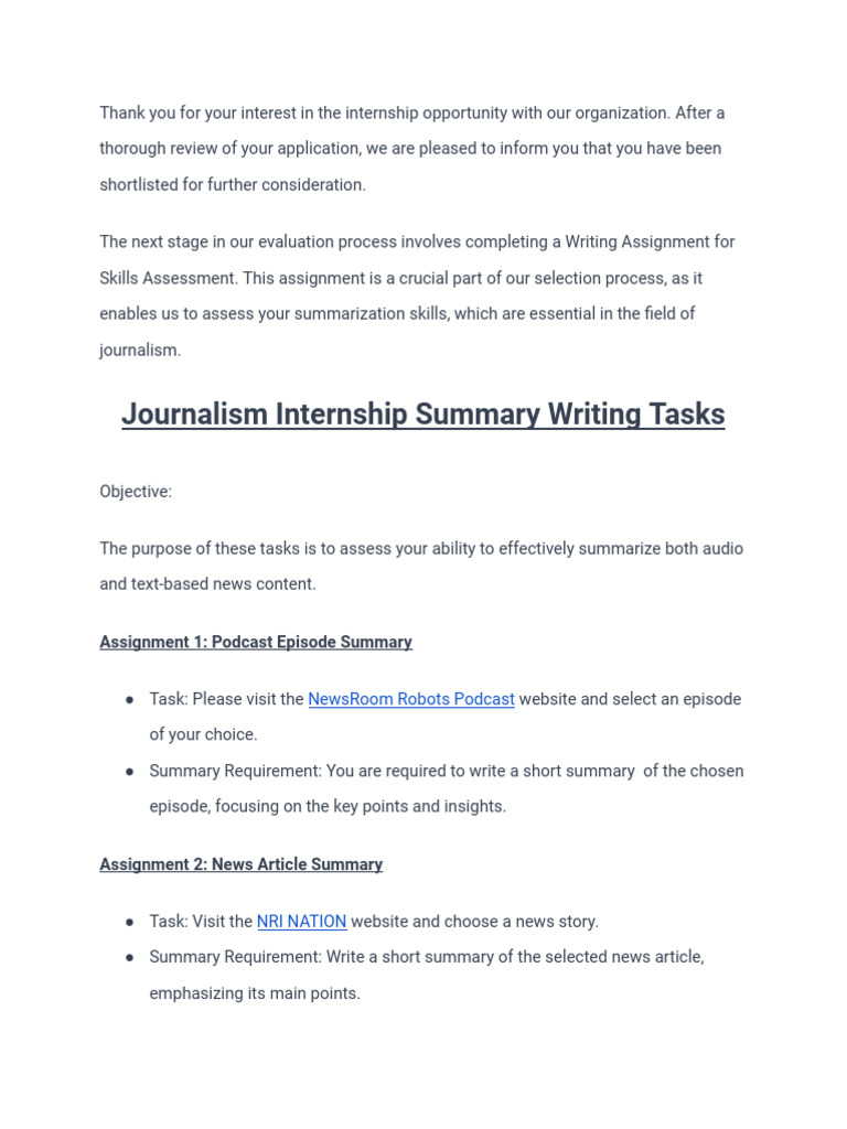 Journalism Internship Summary Writing Assignment (1) | PDF